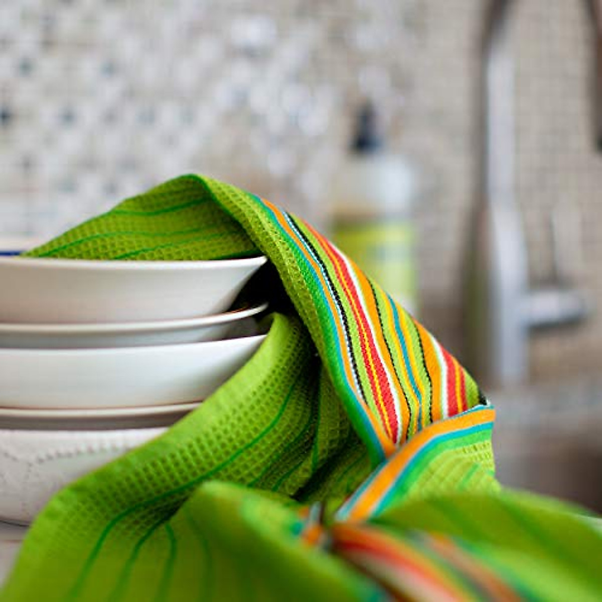 COTTON CRAFT Salsa Stripe Kitchen Towels - 12 Pack 100% Cotton Tea Dish Towels - Absorbent Reusable Low Lint Quick Dry - Multi Purpose Cooking Drying Restaurant Bar Cleaning Cloth Napkin - 16x28 Multi