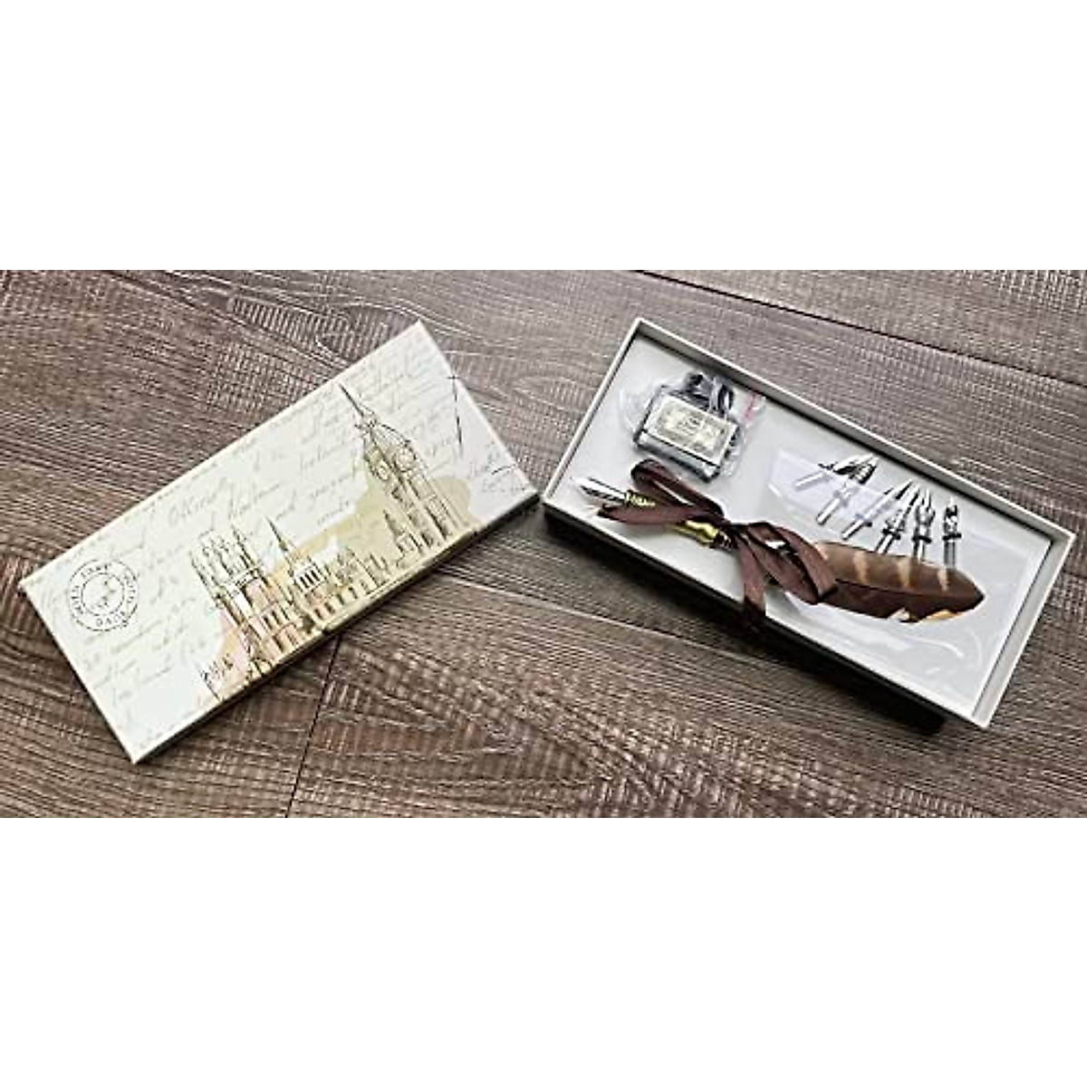 hhhouu Feather Pen and Ink Set, Quill Pen Set Antique Dip Pen with Ink and 6 Replacement Nibs 6pcs Nibs Calligraphy Pens for Beginners HO-Q-300