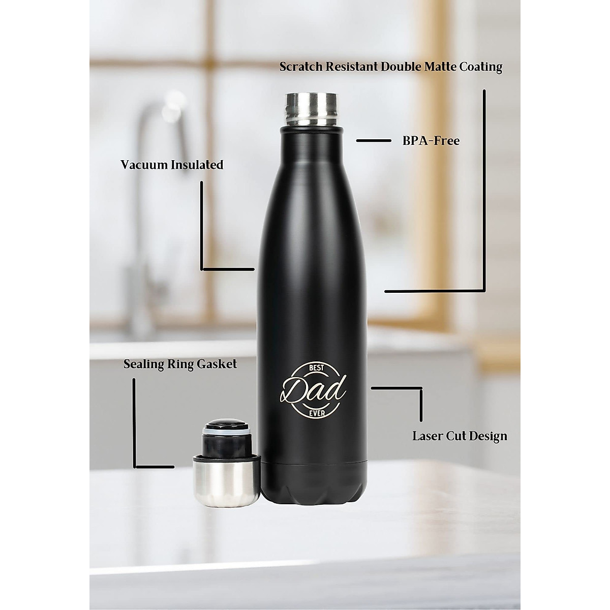 Best Dad Ever Black Water Bottle Stainless Steel & Vacuum Insulated Water Bottle Thermos for Hot & Cold Water, 17 oz Reusable Metal Bottle