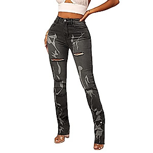WDIRARA Women's Graphic Print Ripped Jeans High Waisted Button Skinny Denim Pants Grey S