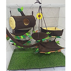 HOT! 7 Pcs/Set Cute Sugar Glider Hamster Marmoset Squirrel Chinchillas Small Pet Hanging Log + Edge Corner Dark Brown Cage Set Forest Pattern Get Free 1 Small Pet Treats, PB's REPUBLIX