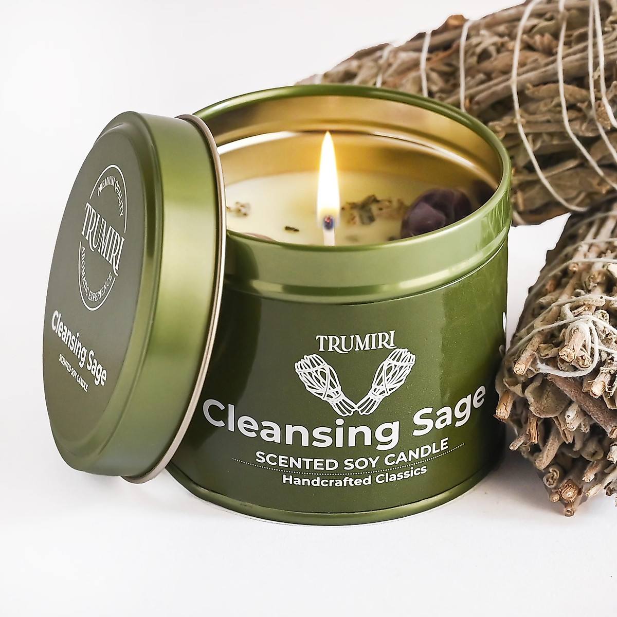 Sage Candle for Cleansing House Negative Energy Smudge Kit - 5oz Soy Wax Natural Clean Organic Non Toxic - Aromatherapy Spiritual Meditation Gifts - Long Lasting Highly Scented Candel with Crystals