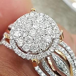 Women's 925 Silver Plated 18K Gold Two-tone Ring Luxury Full Diamond Round Super Flash Zircon Ring Simulated Diamond Wedding or Engagement Ring for Women (7#)