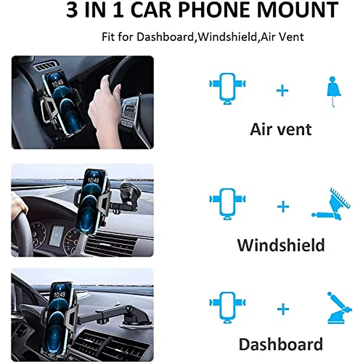 Car Phone Mount Holder for Samsung Galaxy S21 S20 S22 S23 Plus Ultra FE 5G,A21 A52 A12 A50 A20 A10E A31 A11 A02S A6,Google Pixel 4A 5G/5 4 XL 3A and All Cell Phone,Windshield/Dashboard/Window+Air Vent