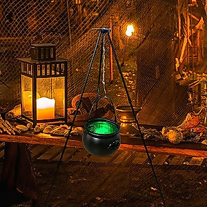 Sarkoyar Halloween Decor Outdoor,Witches Cauldron on Tripod with Green Light,Black Plastic Bowl Decor,Hocus Pocus Candy Bucket Decor for Home Patio Garden Lawn Outside Black