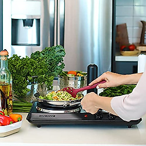 Ovente Electric Countertop Double Burner, 1700W Cooktop with 7.25 and 6.10 Inch Cast Iron Hot Plates and Temperature Control, Portable Cooking Stove, Easy to Clean Stainless Steel Base, Black BGS102B