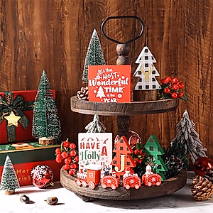 Christmas Decor, Christmas Decorations Indoor, 9PCS Christmas Tiered Tray Decor, Christmas Table Decorations with Christmas Train Set, Farmhouse Home Room Kitchen Mantle Decor