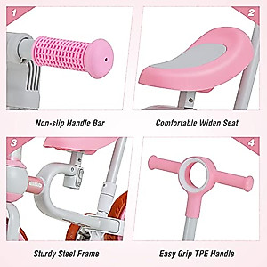 OLAKIDS Toddler Tricycle, 5 in 1 Kids Trike for Age 2-4 with Push Handle, Baby Bike with Adjustable Seat and Handle, Removable Pedal and Training Wheels for Boys Girls Toy Gift (Pink)