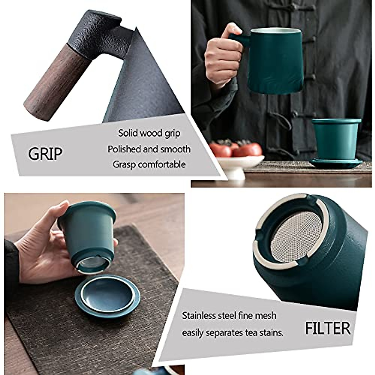 Shimkong Handle Tea Mug, Chinese Ceramic Tea Cup with Infuser and Lid, 13.5oz (Black)