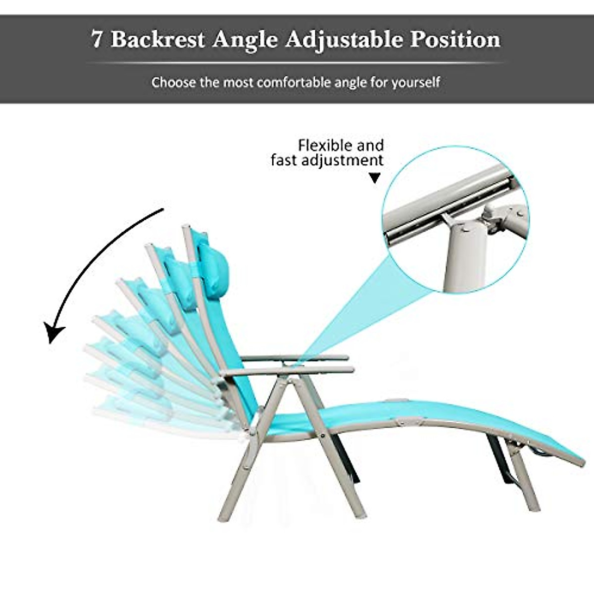 Tangkula Outdoor Folding Chaise Lounge Chair, Lightweight Recliner Chair w/ 7 Adjustable Backrest Positions, Patio Reclining Beach w/Removable Cushion & Pillow for Patio Poolside No Assembly Required