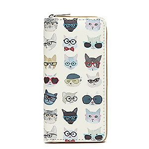 Ecohaso Women Zip Around Organizer Wallet PU Clutch Long Purse Cartoon Printed Wallet (Cats)