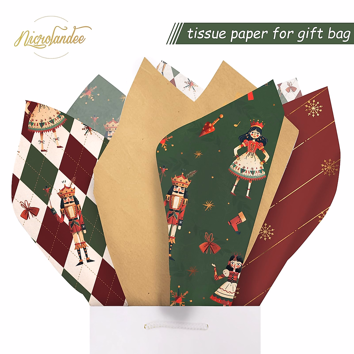 Nicrolandee Christmas Wrapping Tissue Paper, 24 Sheets Vintage Christmas Green Red Tissue Paper, Foil Gold Snowflake Gift Wrap Present Paper for Xmas New Year Holiday Birthdays Wedding, 20 X15 Inches