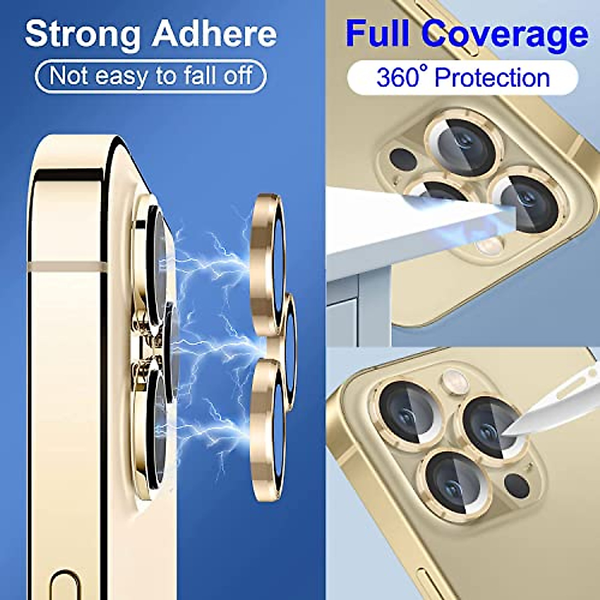 QsmQam [3x2 Pack] Camera Lens Protector for iPhone 14 Pro 6.1" & iPhone 14 Pro Max 6.7", Individual Metal Ring Tempered Glass Camera Cover, Ultra-High Definition,Anti-Scratch, with Installation and Removal Aids(Gold)
