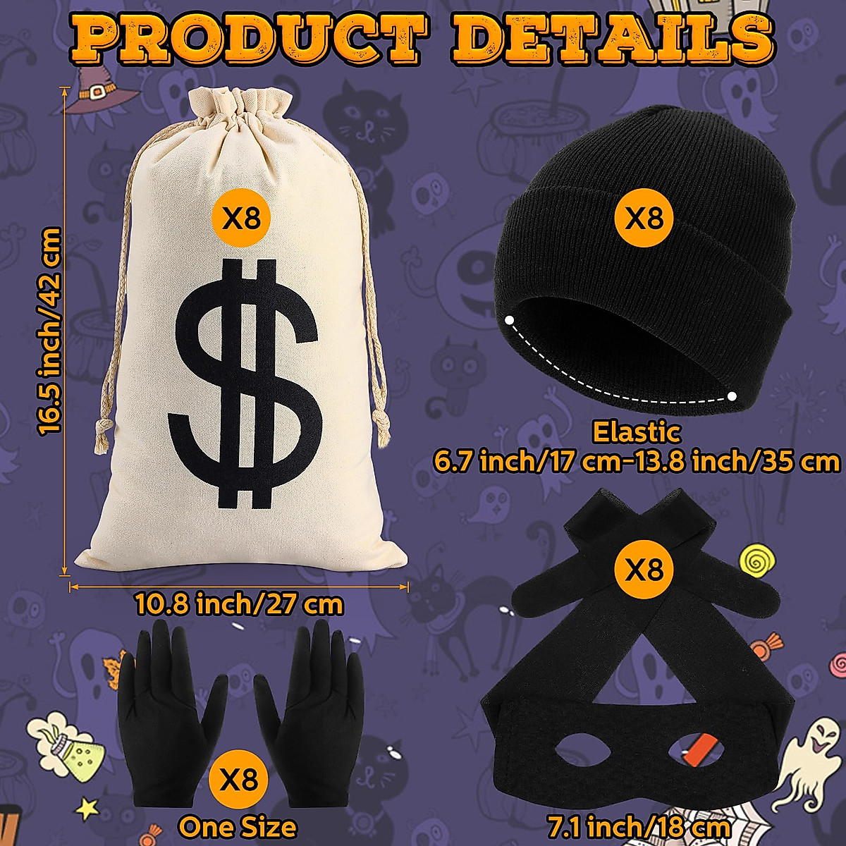 Ramede 32 Pcs Halloween Costume Set, Include Dollar Sign Canvas Bags, Robber Mask, Knit Beanie, Black Robber Gloves for Halloween Outfit Cosplay Bandit Burglar Theme Party Supplies
