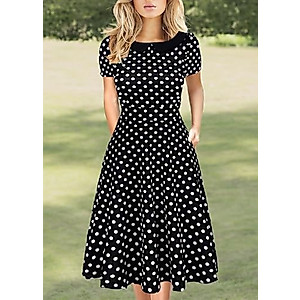 Work Dresses for Women Vintage Polka Dot Pockets Knee-Length Fit and Flare Summer A-Line Casual Peter Pan Collar Dresses 978 (Black Dot, L)