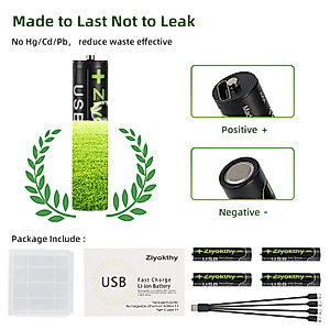 Ziyokthy Rechargeable Lithium AAA Batteries, 4 Packs 1110mWh High Capacity1.5V AAA Battery Rechargeable Lithium ion Triple A Batteries, 2H Fast Charge USB Cable 1200+ Cycles for VR Car Toys Keyboard