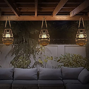 pearlstar Outdoor Solar Lanterns Light Rattan Natural Lantern with Handle for Hanging or Table Lamp for Patio Yard Garden Wedding Home Decoration, Edison Bulb, Auto on/Off(Style 1)