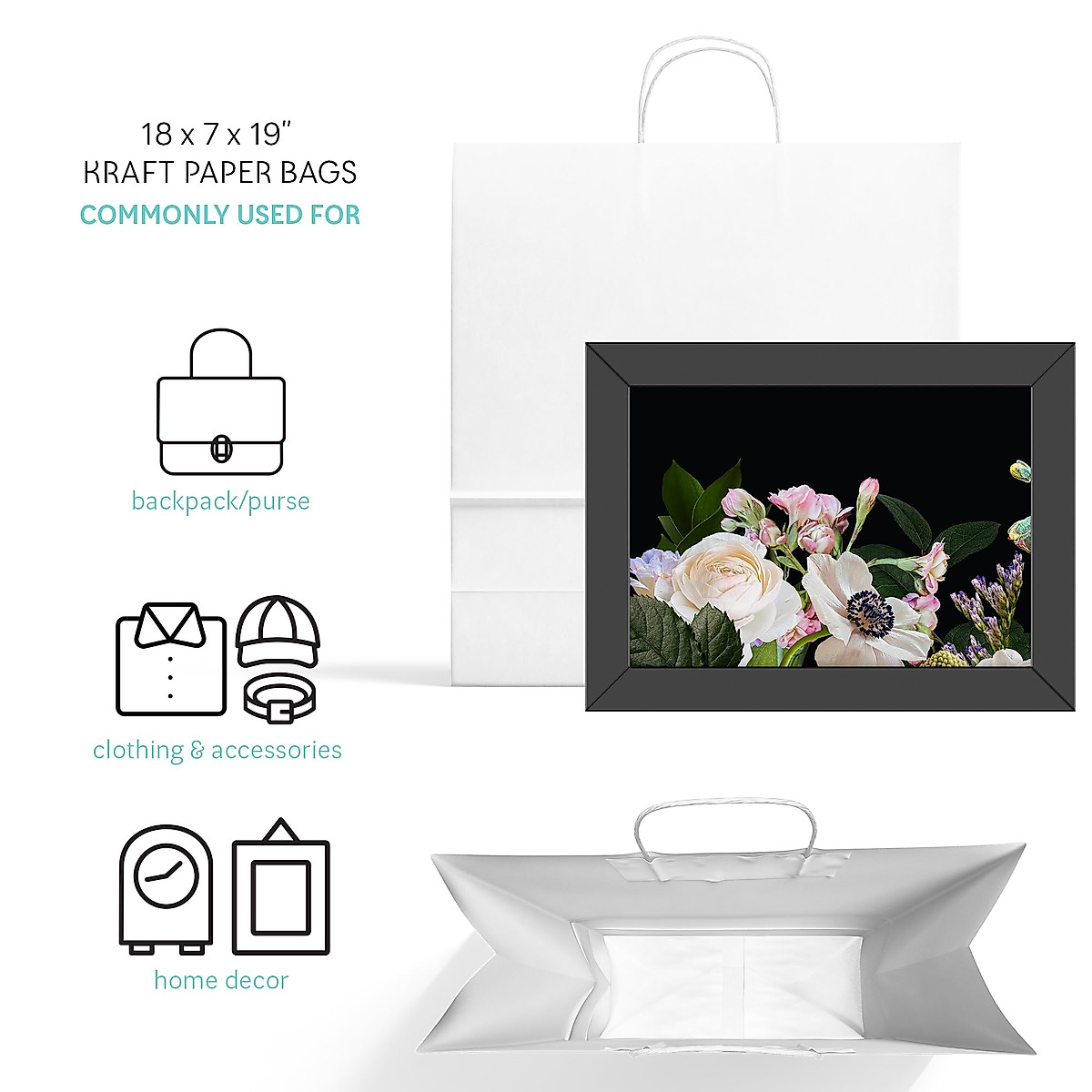 50 Pcs White Paper Bags with Handles, Small Gift Bags in bulk, Kraft Bags, Retail Bags, Merchandise Bags, Shopping Bags, For Weddings, Birthdays, Small Business - 18 x 7 x 19 Inches – Creative Bag