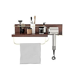 WELLAND Wooden Hair Dryer Shelf Hanging Rack Wall Mount Bathroom Organizer with Hair Dryer Holder Wall