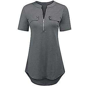 Women's Fashion Split V Neck Plain Short Sleeve Casual Cute Tunic Blouses Tops Grey XL