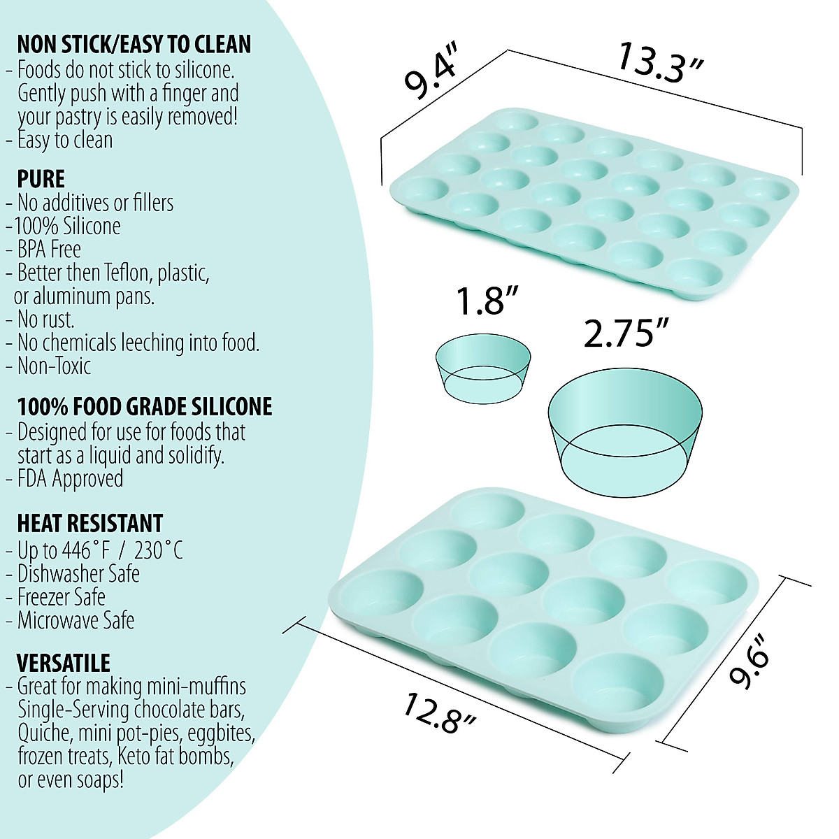 Muffin & Cupcake Silicone Baking Molds 24 Cup & Regular 12 Cup Dishwasher Microwave and Freezer Safe