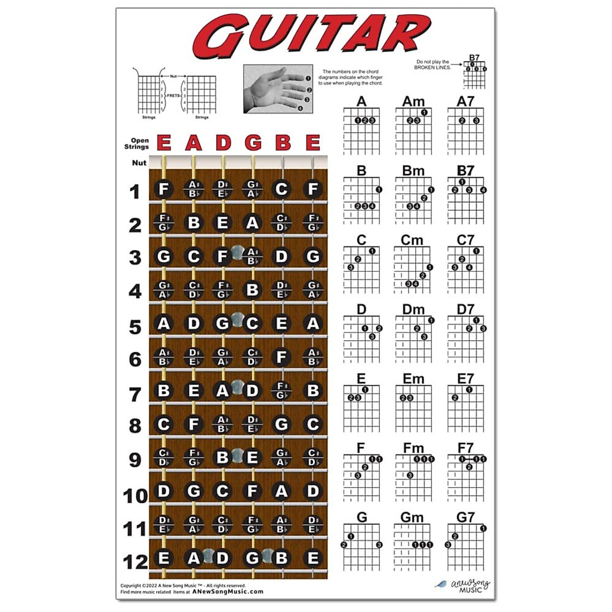 A New Song Music Laminated Guitar Chord & Fretboard Note Chart Instructional Easy Poster for Beginners Chords & Notes 11"x17"