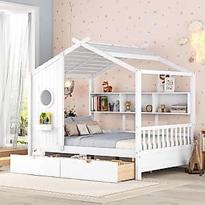 Merax Wood Full House Daybed with Drawers & Storage Shelves,Day Bed for Kids Boys Girls No Box Spring Needed White