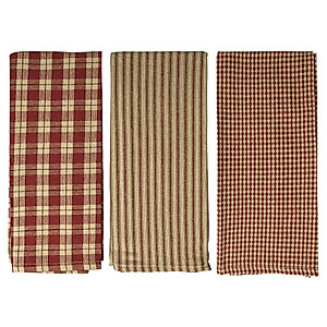 fillURbasket Burgundy Farmhouse Kitchen Towels Set of 3 Striped Buffalo Checked Plaid Dish Towels Red and Tan Towels for Decor Dishing Drying Cotton 15”x25”