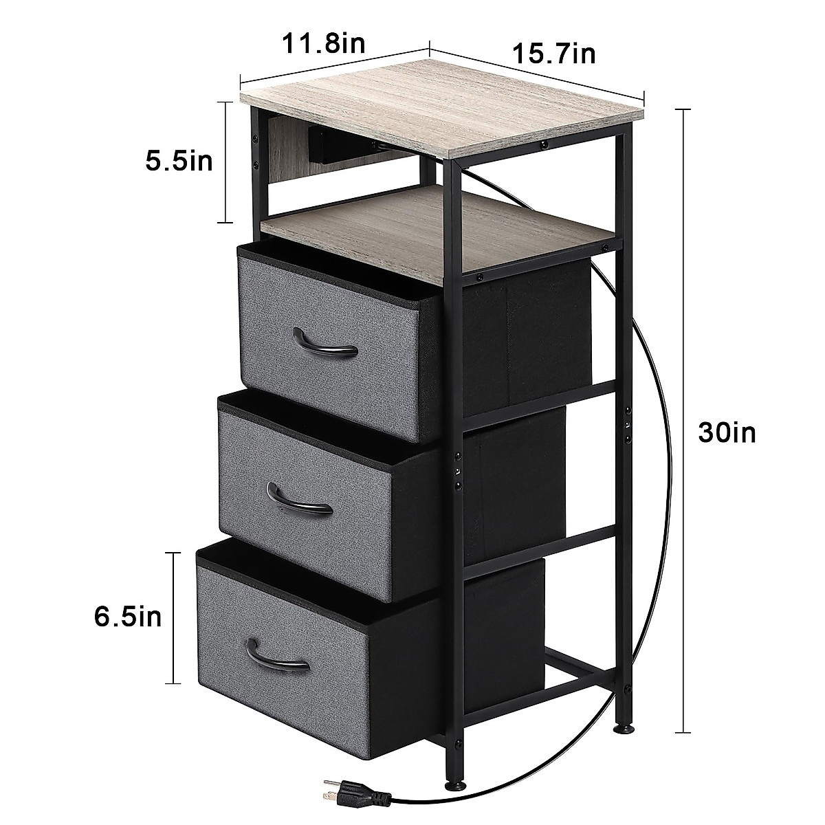 NANANARDOSO End Table with 3 Drawers and 2-Tier Shelf, Fabric Small Dresser Organizer Vertical Storage with Charging Station, Industrial Nightstand Side Table for Bedroom, Sofa, Grey