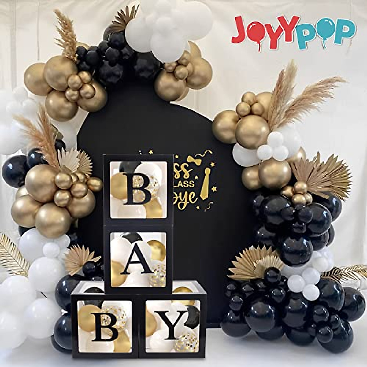 Baby Boxes with Letters for Baby Shower, 4 Transparent Balloon Boxes with 16 Letters for Boys & Girls Birthday, Gender Reveal Decorations and Wedding Party(Black)