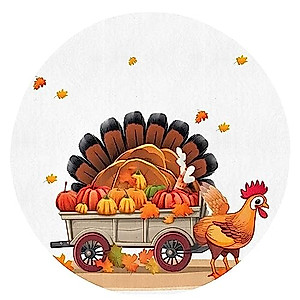 Super Soft Round Area Rug, Thanksgiving Turkey on Pumpkin Car Printed Flannel Bath Rug Non-Slip Circle Rug Washable Throw Rugs Decor Floor Mat Carpet for Living Room Sofa Bedroom 24 in