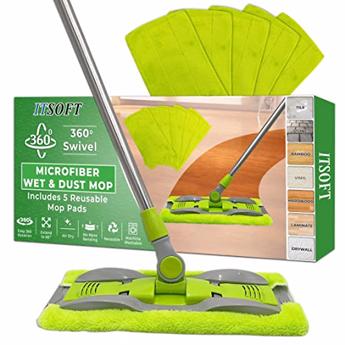 ITSOFT Microfiber Hardwood Floor Mop - Stainless Steel Handle with Extension and 5 Reusable Mop Pads, for Wet or Dry Floor Cleaning, Green