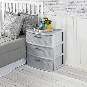 3 Drawer Wide Weave Tower Plastic, Cement - Design Storage Tower with pull handles, Organizer Unit for Bedroom, Closet, Entryway, Hallway, Nursery Room, Storage bins