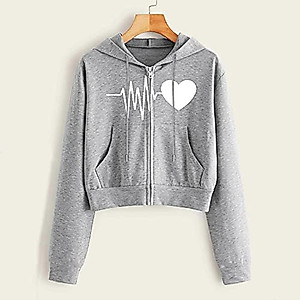 Wabtum Hoodies for Teen Girls,Womens Casual Heartbeat Print Long Sleeve Zipper Pocket Shirt Cat Hooded Sweatshirt Tops