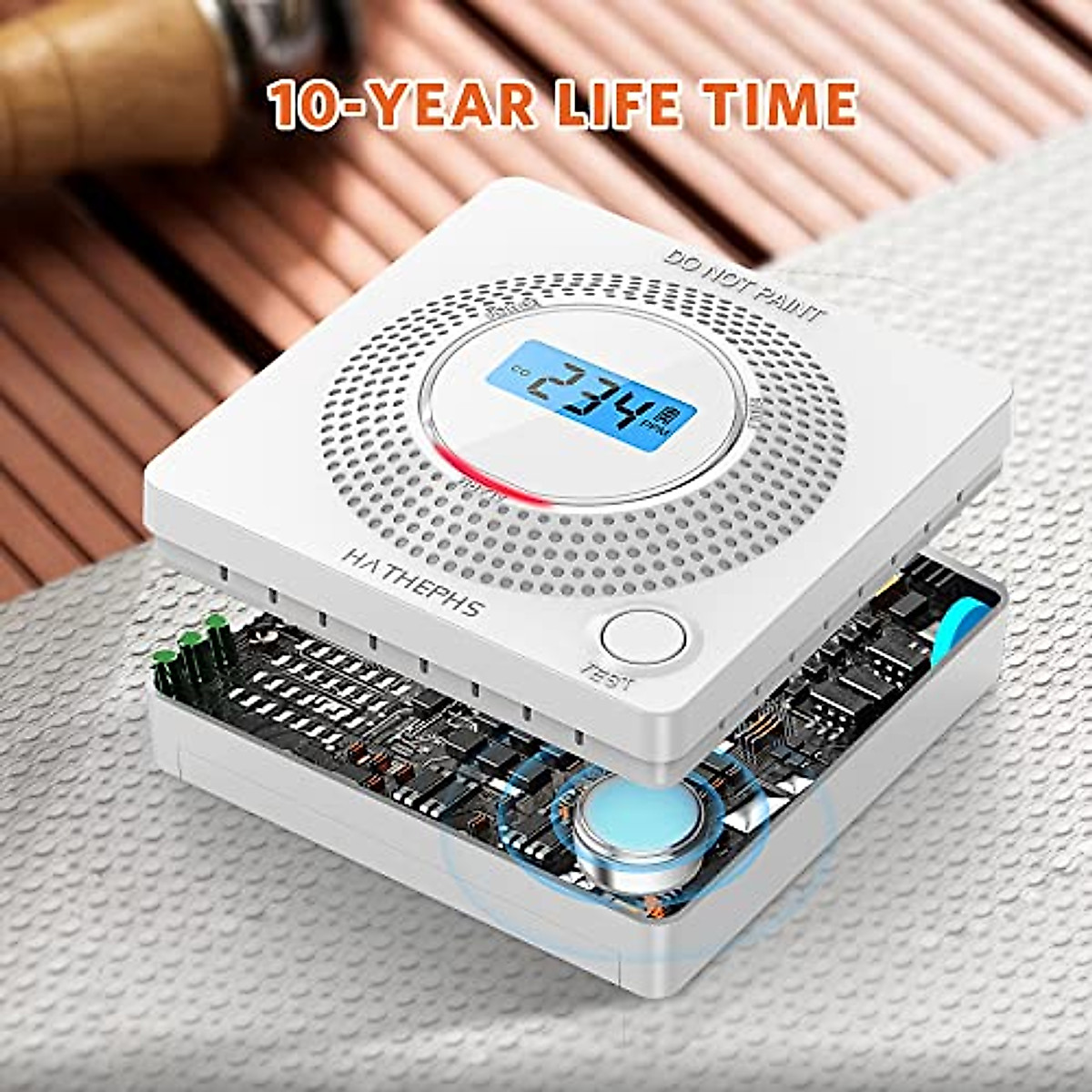 Carbon Monoxide Detector Alarm, HATHEPHS 10-Year Life Portable CO Detector with Digital LCD Display, Battery Powered CO Alarm with 3 LED Lights for Home, Office and Travel