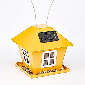 JUYUAN Solar Bird Feeder Yellow House Hanging Outdoor for Cardinal, Metal Rain Proof for Wild Bird, Small Cute Home Design and Lights up Automatically at Night, Decorative Gifts (Yellow)