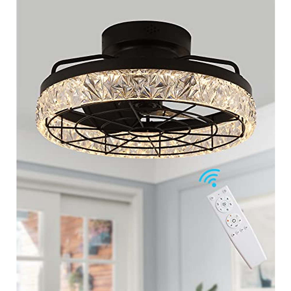 Q&S Modern Ceiling Fan with Lights,Low Profile Enclose Black Cage Semi Flush Mount Crystal Ceiling Fans with Remote 6 Speeds 3 Colors Dimmable LED Light Fixture for Bedroom Living Room Gym 18.9"