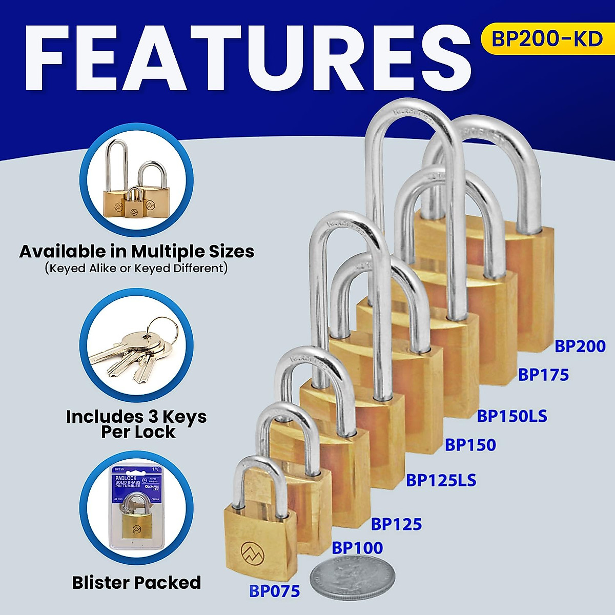 Mountain Series (BP200-KD) Solid Brass Padlocks, 2" Wide Keyed Different