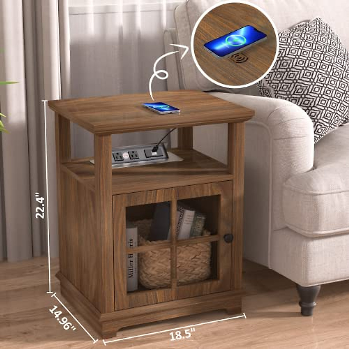 FAGAGA End Table with Charging Station, Side Table with Storage, Wireless Charging End Table for Living Room,Dark Walnut Nightstand with Adjustable Shelf