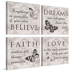 Butterfly Wall Art Grey Love Dream Faith Believe Quotes Pictures Bathroom Bedroom Living room Wall Decor Canvas Posters Prints (12 * 12inch*4)