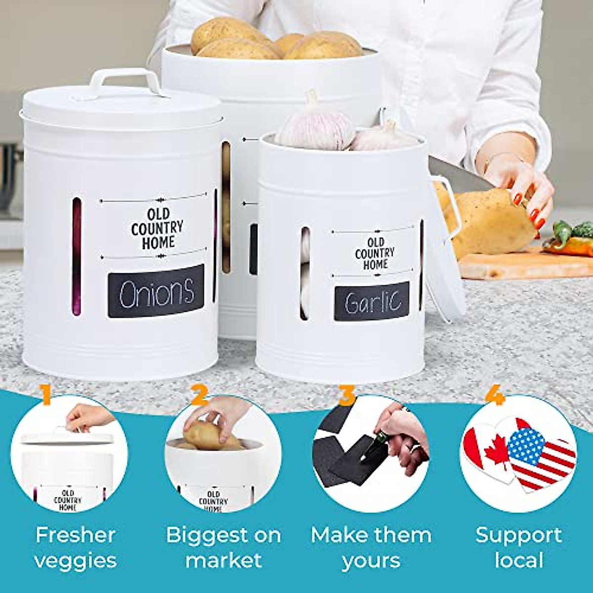 Saratoga Home Potato and Onion Storage Bin, Super Large Set, Potato Storage Holds 11.5 lbs, Onion Storage Containers Hold 5.5 lbs, Garlic Holder 20+ Bulbs, Vegetable Keepers, Potato Bin, White