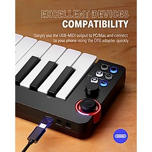 USB MIDI Keyboard Controller MINI 32-Key, Donner N-32 with Screen, Sequencer, Chord, Bend Sound Effects By Light-up Joystick for Mac/PC, Music Production Software, 40 Teaching Courses