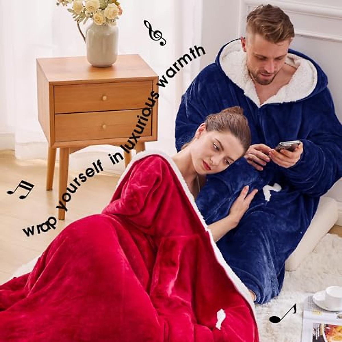 JOYWOO Wearable Blanket Hoodie, Oversized Hooded Blanket for Adult, Birthday Gifts for Women Men, Cozy Fuzzy Sherpa Sweatshirt Blanket with Giant Pocket and Zipper, Navy Blue