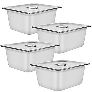 DatingDay 4 Packs Stainless Steel Hotel Pan,1/2 Size x 6" Deep，22 Gauge/0.7mm Thick Steam Table Pan Anti Jam Steam Table Pan with Lid,Stainless Steel Container (1/2 Size x 6" Deep)