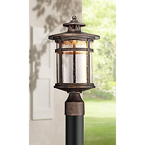 Franklin Iron Works Callaway Mission Industrial Outdoor Post Light Fixture LED Bronze 15 1/2" Seeded Glass for Exterior House Porch Patio Outside Deck Garage Yard Garden Driveway Home Lawn Walkway