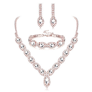 THUNARAZ Sparkled Jewelry Set for Women Silver Rhinestone Necklace Teardrop Dangle Earrings Bracelet for Bride Bridesmaid Crystal Bridal Prom Costume Jewelry Accessories for Wedding Party