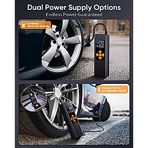 Pumteck Tire Inflator Portable Air Compressor: 150PSI Tire Pump with Dual Power Included 7800mAh Battery & 12v DC Adapter - Electric Wheel Pump with LED Digital Display for Car Motorcycle Bike Ball