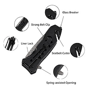 ALBATROSS EDC Cool Tactical Folding Pocket Knife with Modern Damascus Steel Blade, SpeedSafe Spring Assisted Opening Knifes with Liner Lock,Pocketclip,Glass Breaker,Seatbelt Cutter, Gifts Box(Black)