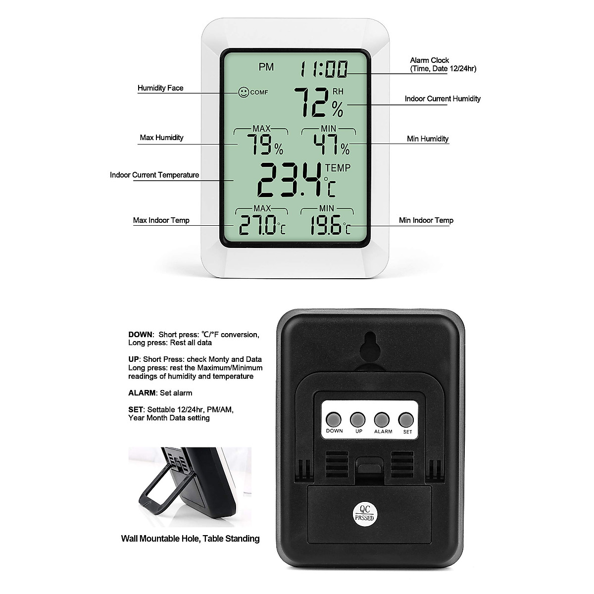 Indoor Hygrometer Thermometer with Alarm Clock Digital Temperature Humidity Meter with Large Screen, Multifunctional Temperature and Humidity Meter Monitor for Home, Office, Bedroom and Greenhouse