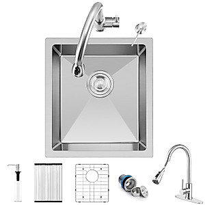 Herogo 15×17 Inch Undermount Kitchen Sink with Faucet Combo, Stainless Steel Utility Rv Bar Sink, Small Outdoor Farmhouse Sink, Laundry Room Deep Single Bowl Sink with Brushed Nickel Kitchen Faucet